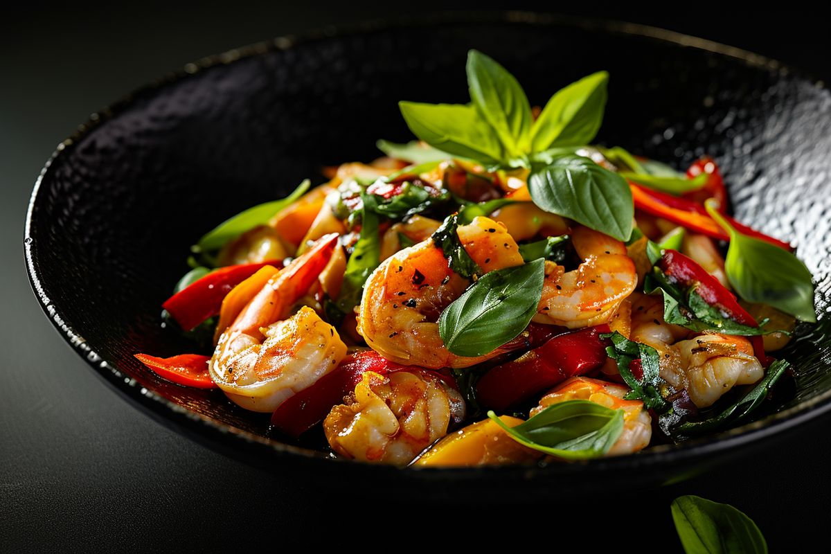 Pad Cha Talay : Fruits de mer sautés avec basilic thaï et épices ...