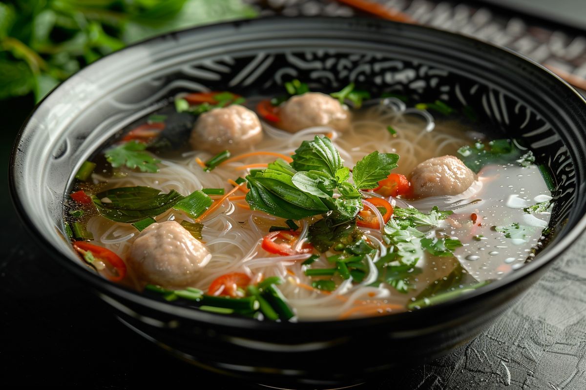 Kaeng Jued Woon Sen : Soupe claire aux vermicelles et boulettes de porc ...